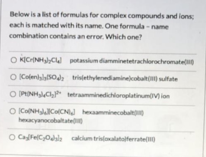 Solved Below is a list of formulas for complex compounds and | Chegg.com