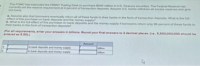 Solved a The FOMC has instructed the FRBNY Trading Desk to | Chegg.com