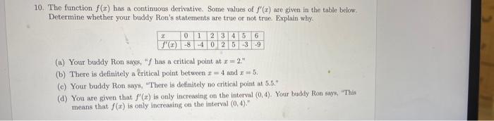 Solved 10. The function f(x) has a continuous derivative. | Chegg.com