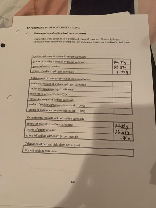 Solved EXPERIMENT 9. REPORT SHEET NAME Single replacement | Chegg.com