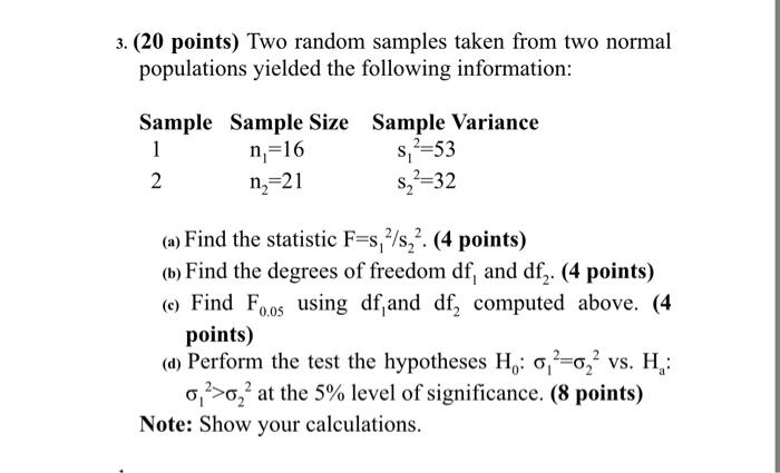 Solved 3. (20 points) Two random samples taken from two | Chegg.com