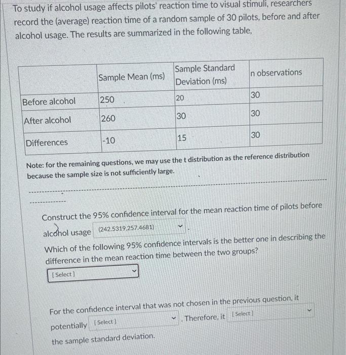 To study if alcohol usage affects pilots' reaction | Chegg.com