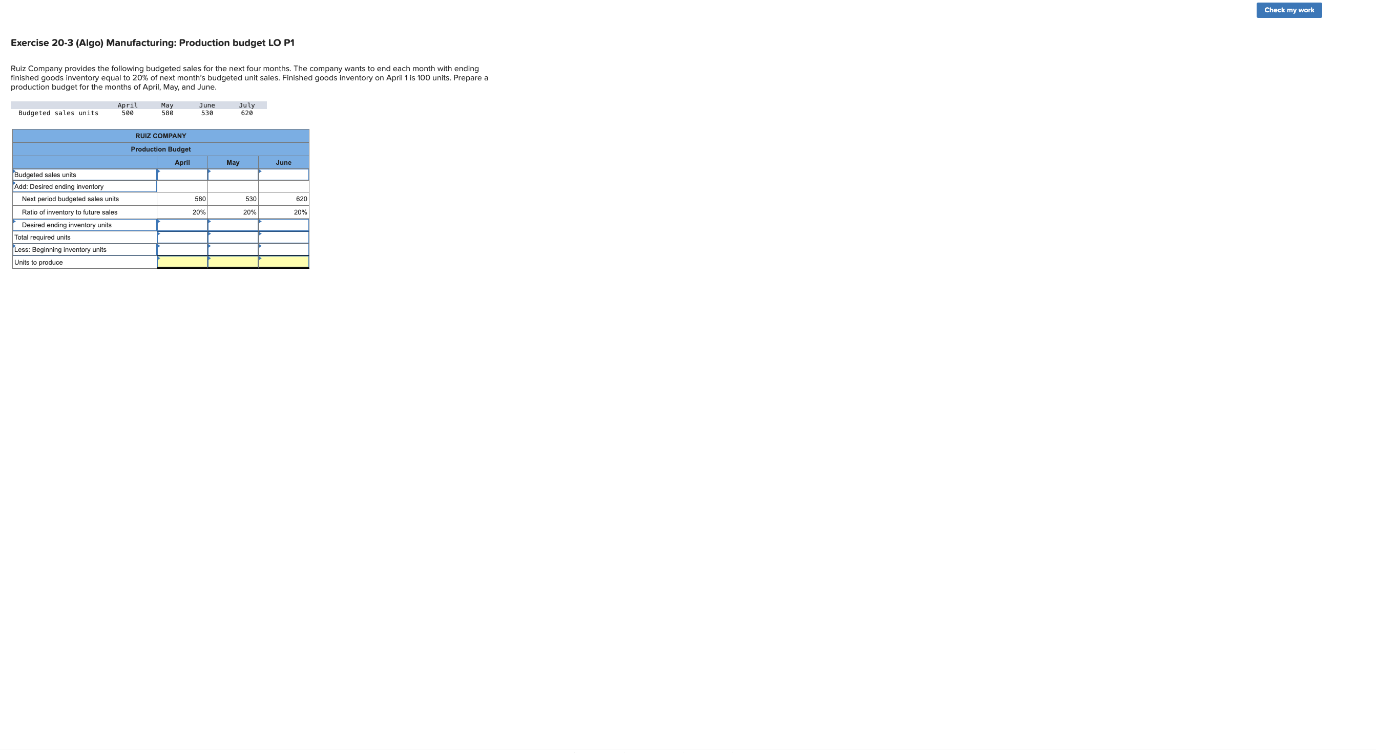 Solved Exercise 20-3 (Algo) ﻿Manufacturing: Production | Chegg.com