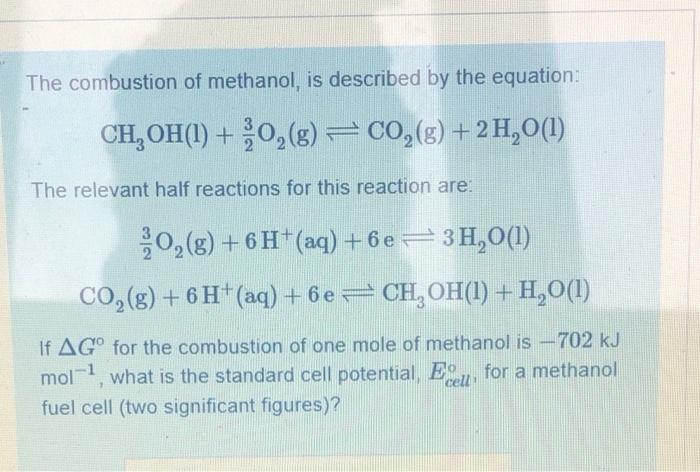 Solved The combustion of methanol, is described by the | Chegg.com