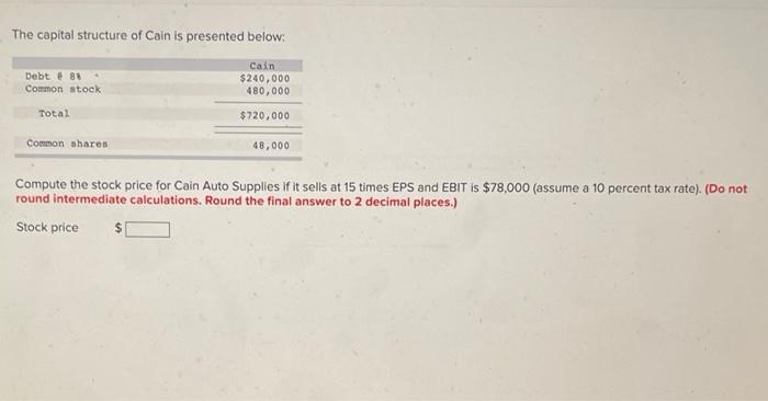 Solved The capital structure of Cain is presented below: | Chegg.com