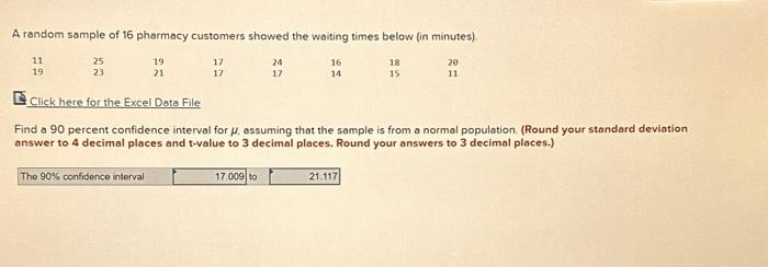 Solved A random sample of 16 pharmacy customers showed the | Chegg.com