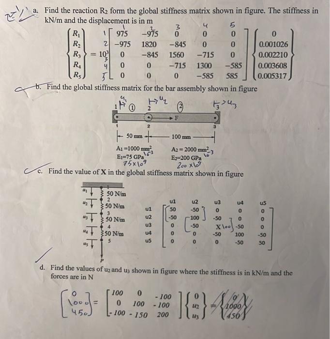Solved a. Find the reaction R2 form the global stiffness | Chegg.com Solved a. Find the reaction R2 form the global stiffness | Chegg.com