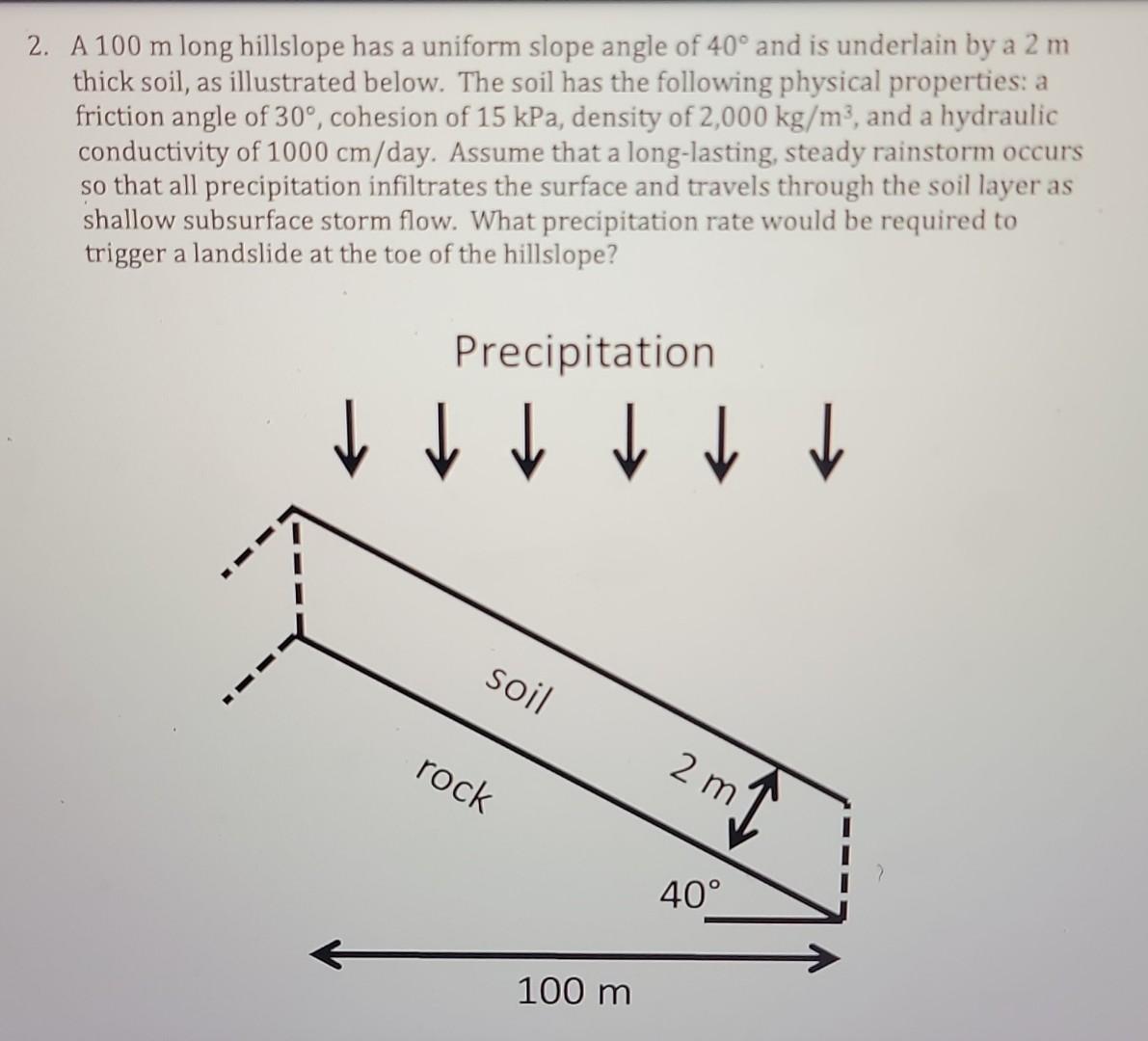 Solved 2. A 100 m long hillslope has a uniform slope angle | Chegg.com