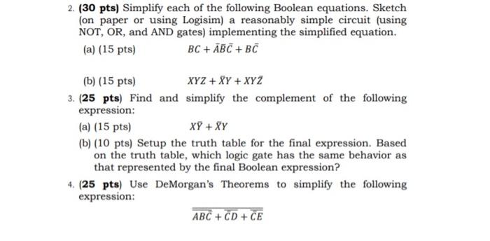 Solved 2. (30 pts) Simplify each of the following Boolean | Chegg.com