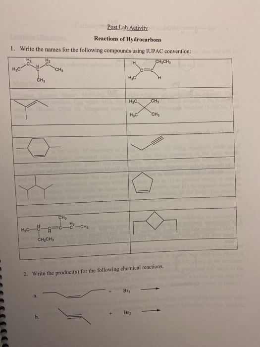 Solved Post Lab Activity Reactions of Hydrocarbons 1. Write | Chegg.com