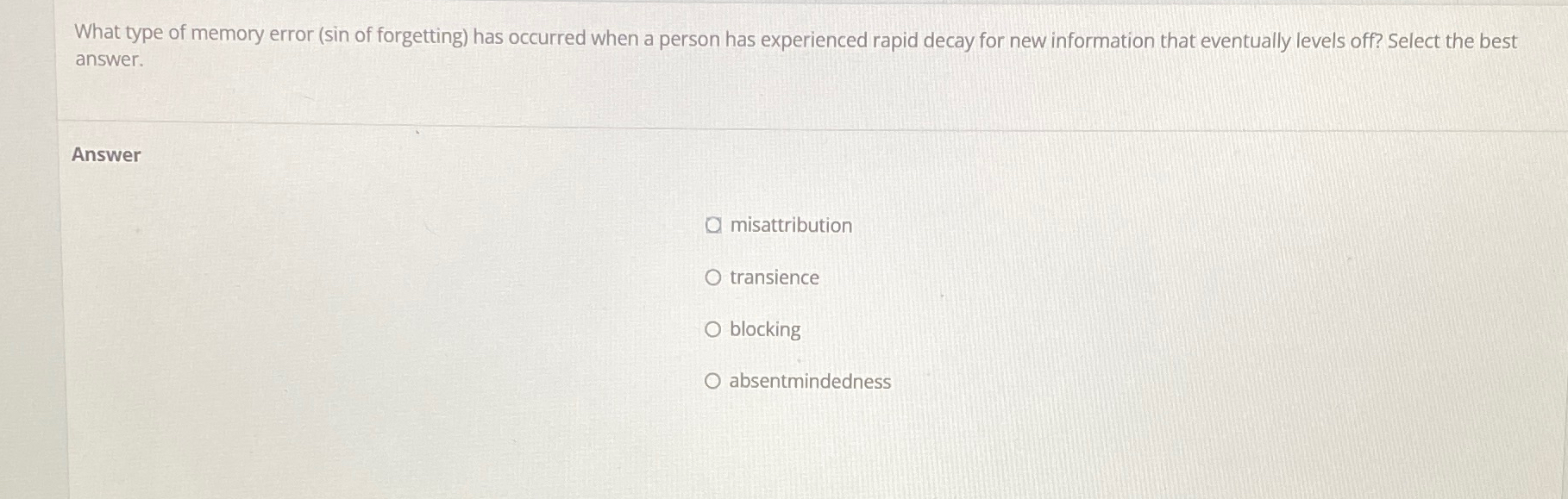 Solved What type of memory error (sin of forgetting) ﻿has | Chegg.com