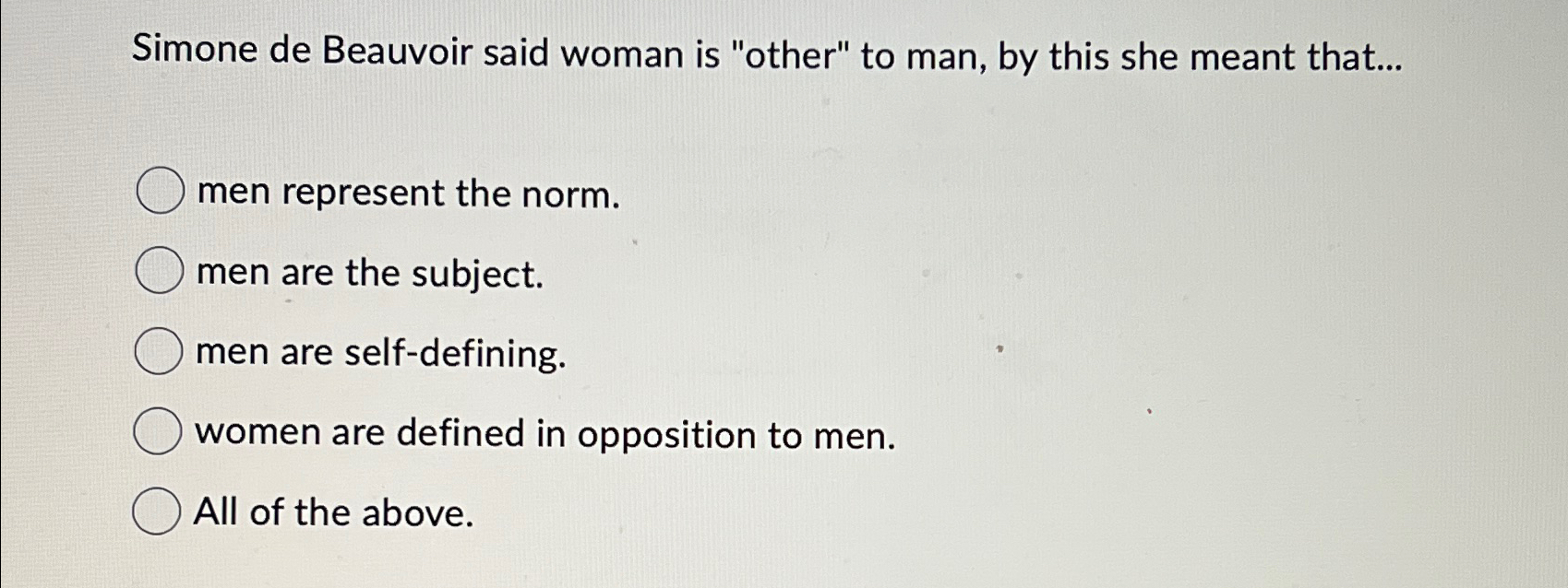Solved Simone de Beauvoir said woman is "other" to man, by | Chegg.com