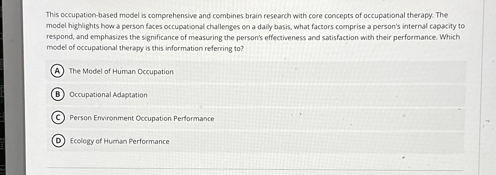 Solved This occupation-based model is comprehensive and | Chegg.com