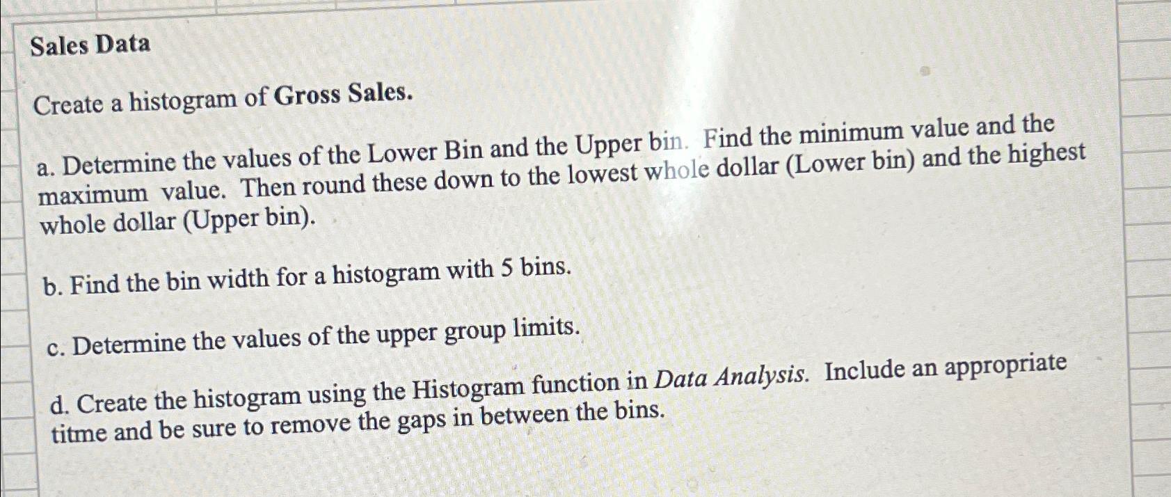 Sales Data\\nCreate a histogram of Gross Sales.\\na. | Chegg.com