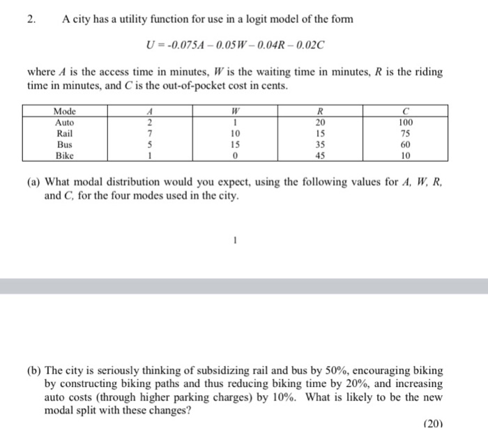 Solved 2 A Has A Utility Function For Use In A Logit Chegg
