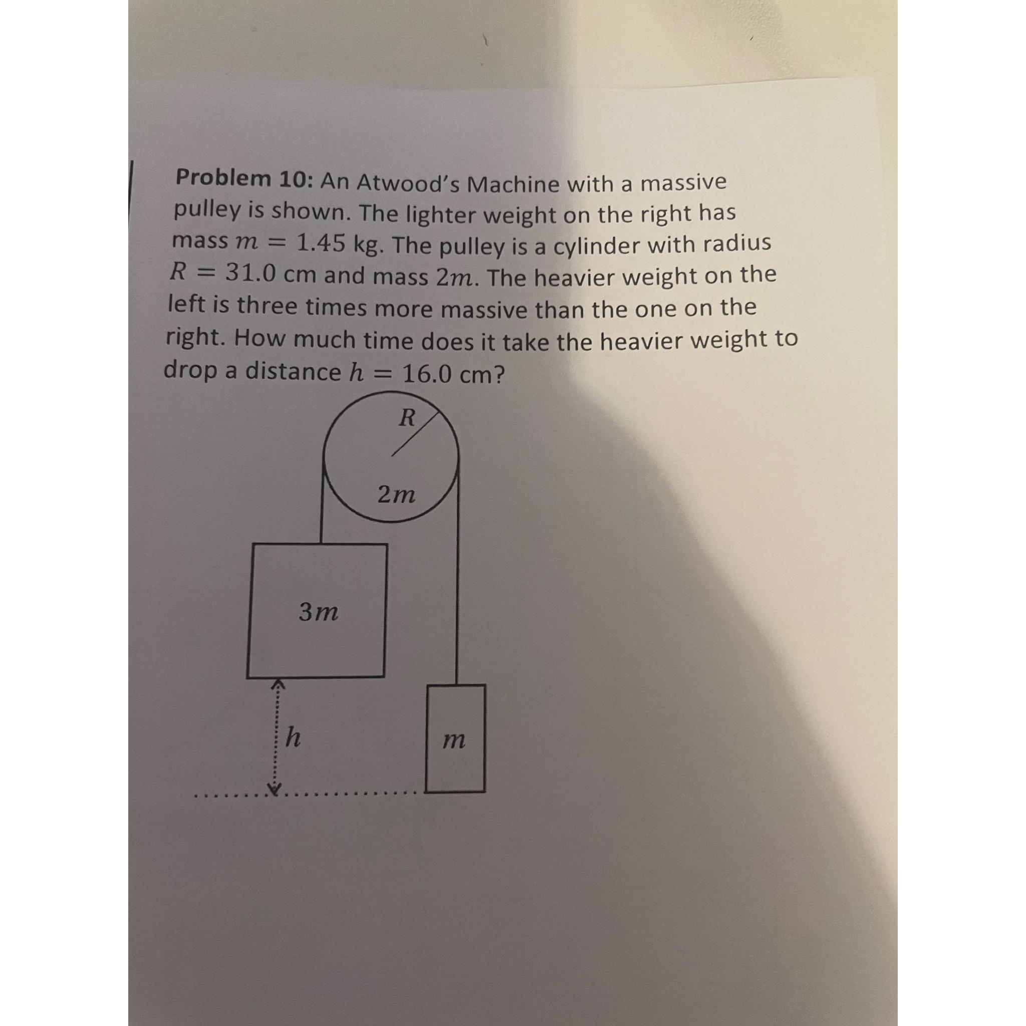 Solved Problem 10: An Atwood's Machine with a massive pulley | Chegg.com