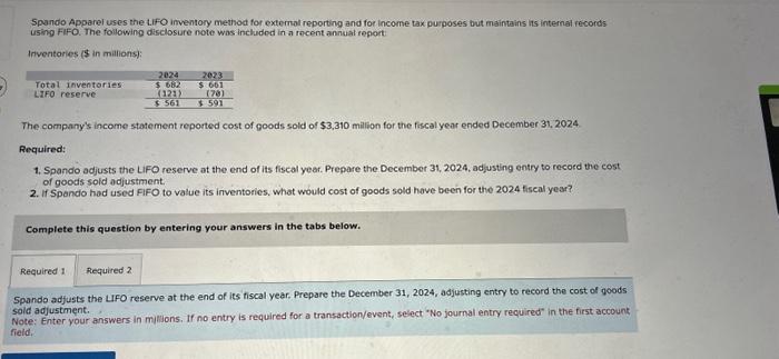 Solved Spando Apparel uses the LIFO inventory method for | Chegg.com
