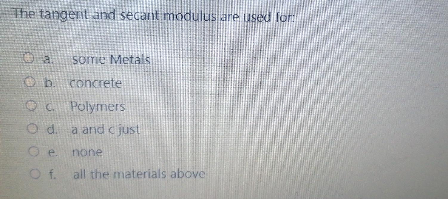 Solved The tangent and secant modulus are used for: o a. | Chegg.com