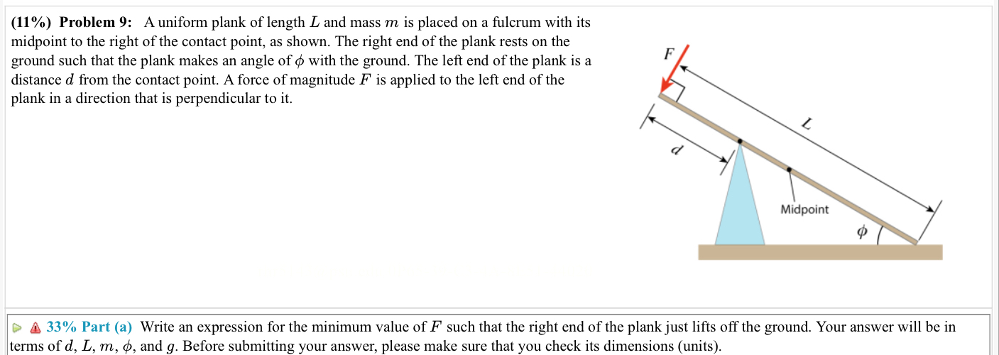 Solved (11%) ﻿Problem 9: A uniform plank of length L ﻿and | Chegg.com