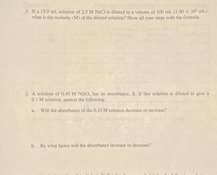 Solved 1. If a 15.0 mL solution of 2.5MNaCl is diluted to a | Chegg.com