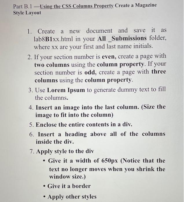 Solved Part B1 Using The Css Columns Property Create A