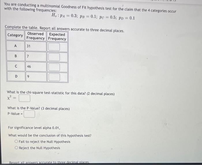 Solved You are conducting a multinomial Goodness of Fit | Chegg.com