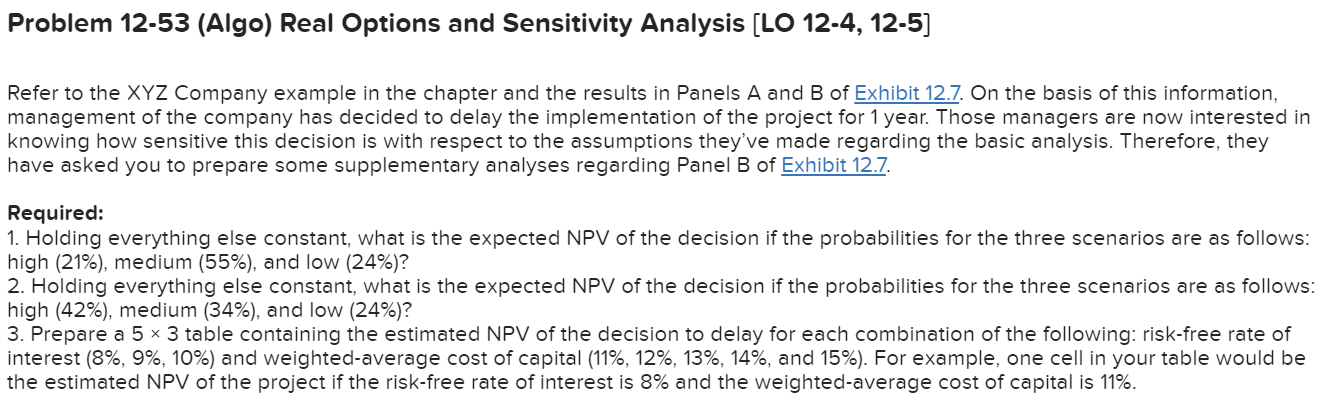 Problem 12-53 (Algo) ﻿Real Options and Sensitivity | Chegg.com