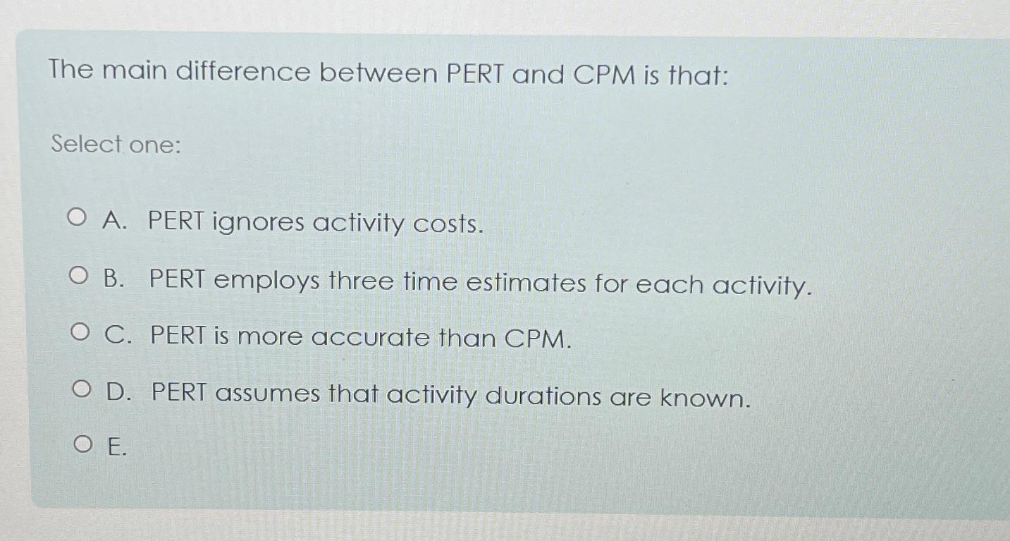 Solved The main difference between PERT and CPM is | Chegg.com