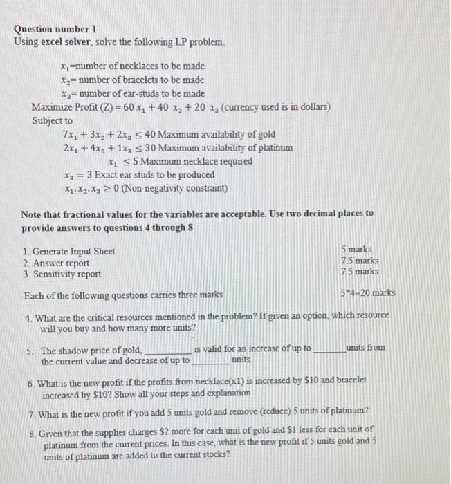 Solved Question number 1 Using excel solver, solve the | Chegg.com
