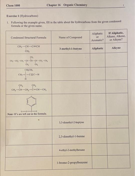 Solved Exercise 1 (Hydrocarbons) 1. Following the example | Chegg.com
