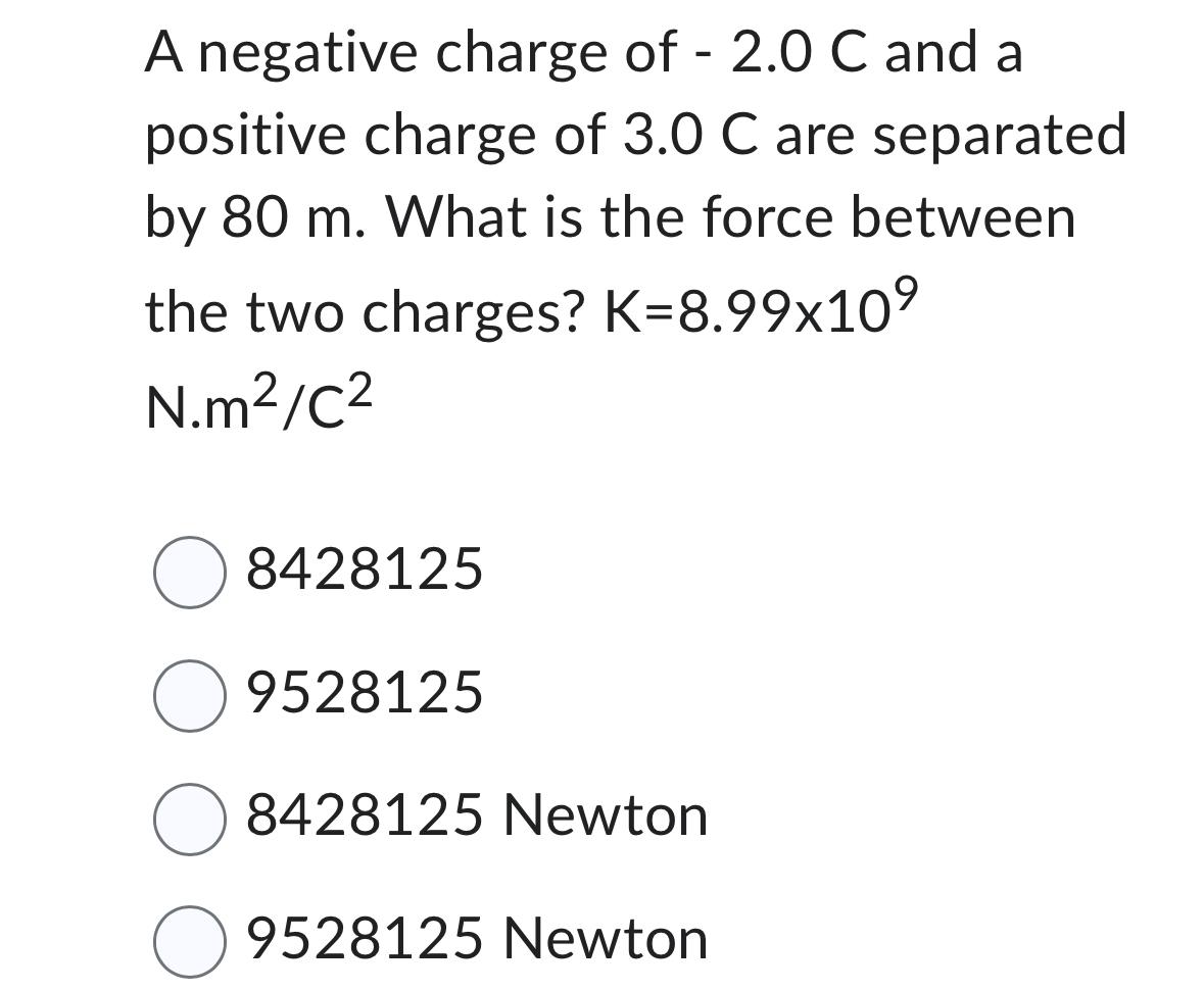 Solved A negative charge of -2.0C and a positive charge of | Chegg.com