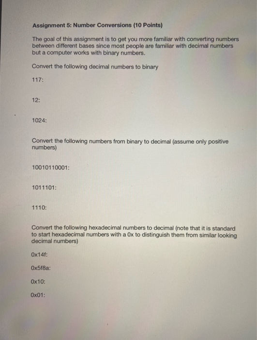 Solved Assignment 5: Number Conversions (10 Points) The goal | Chegg.com