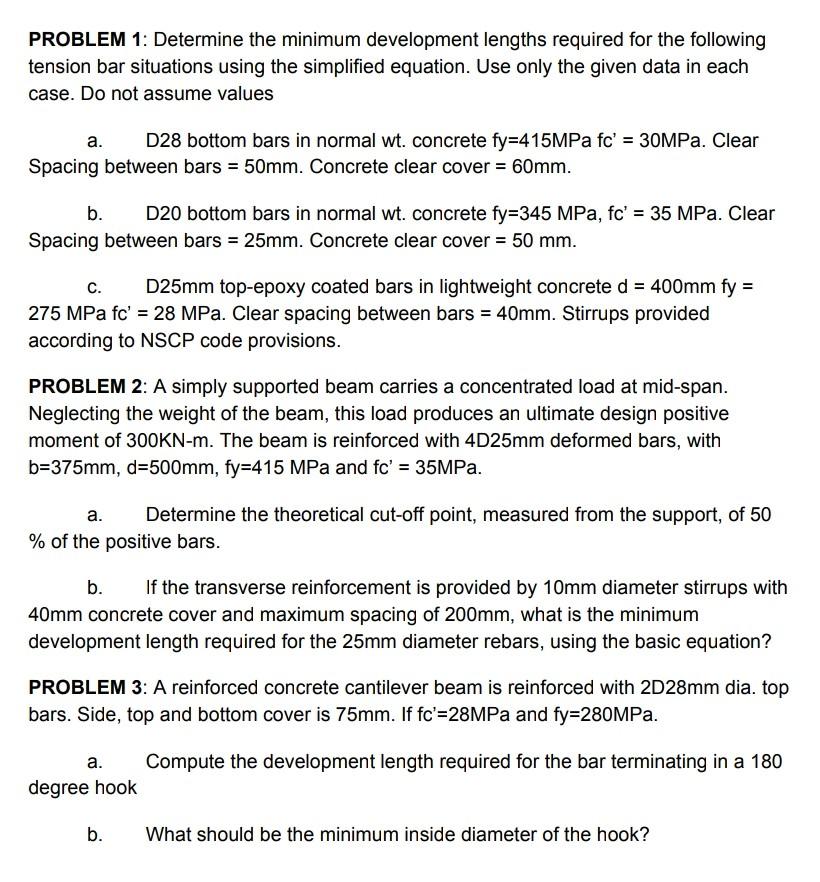 Solved PROBLEM 1: Determine the minimum development lengths | Chegg.com