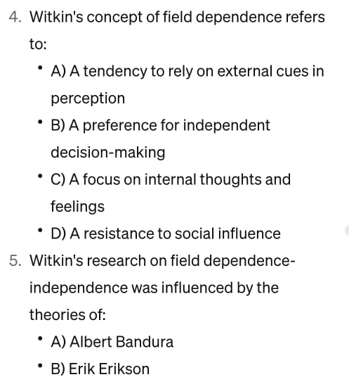 Solved Witkin's concept of field dependence refers to:A) ﻿A | Chegg.com