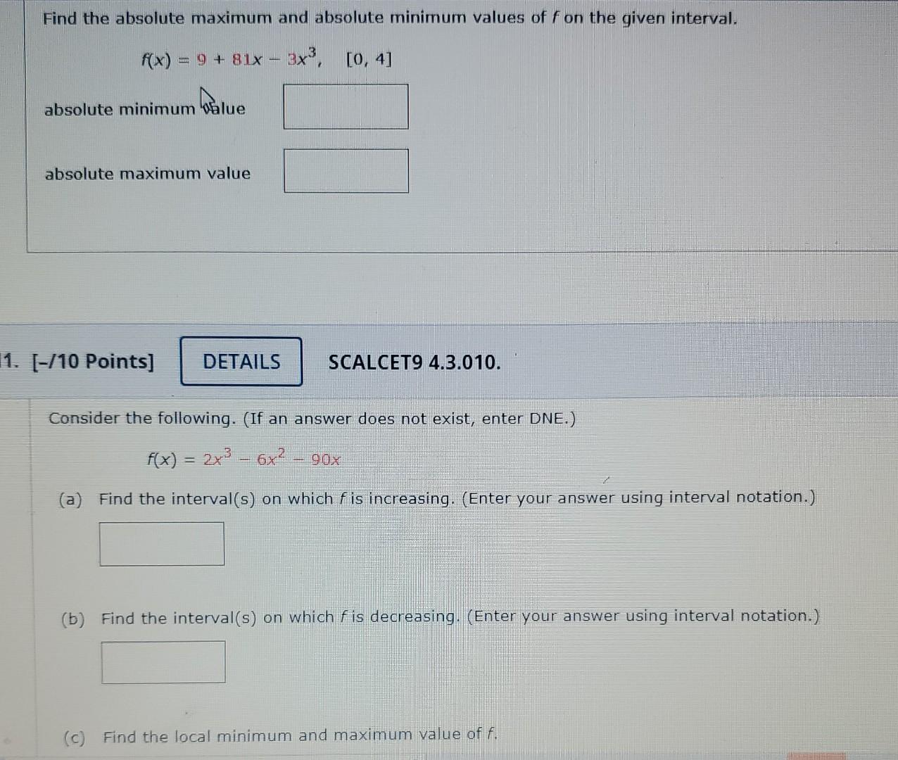 Solved Find the absolute maximum and absolute minimum values | Chegg.com