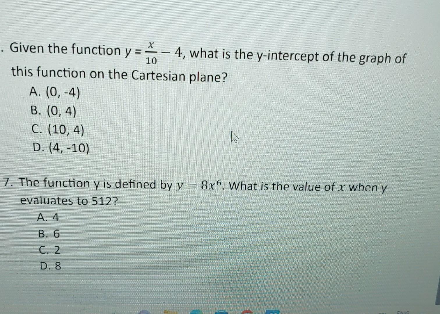 Solved Given the function y=10x−4, what is the y-intercept | Chegg.com