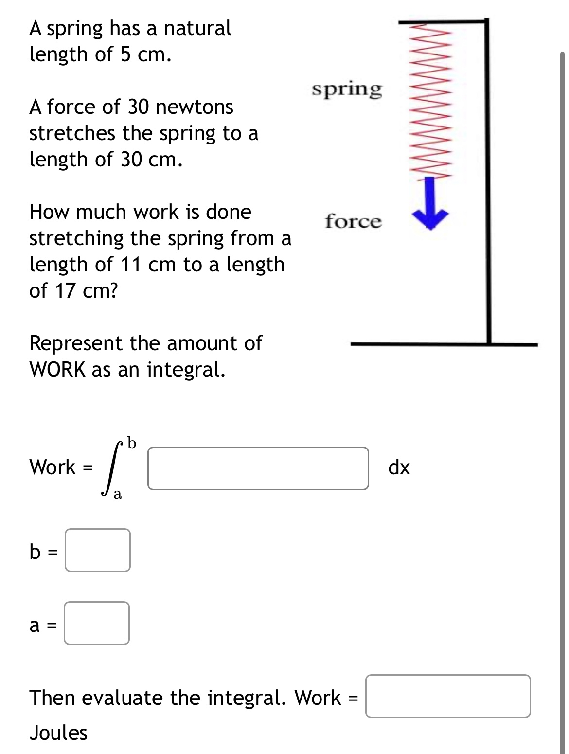 Solved A spring has a natural length of 5cm.A force of 30 | Chegg.com
