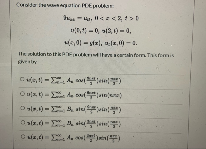 Solved Consider the wave equation PDE problem: 9urz = Wit, 0 | Chegg.com