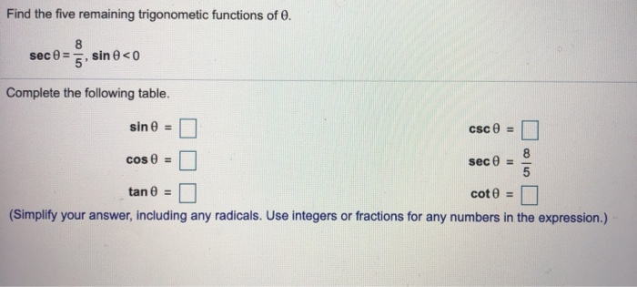Solved Find the five remaining trigonometic functions of e. | Chegg.com