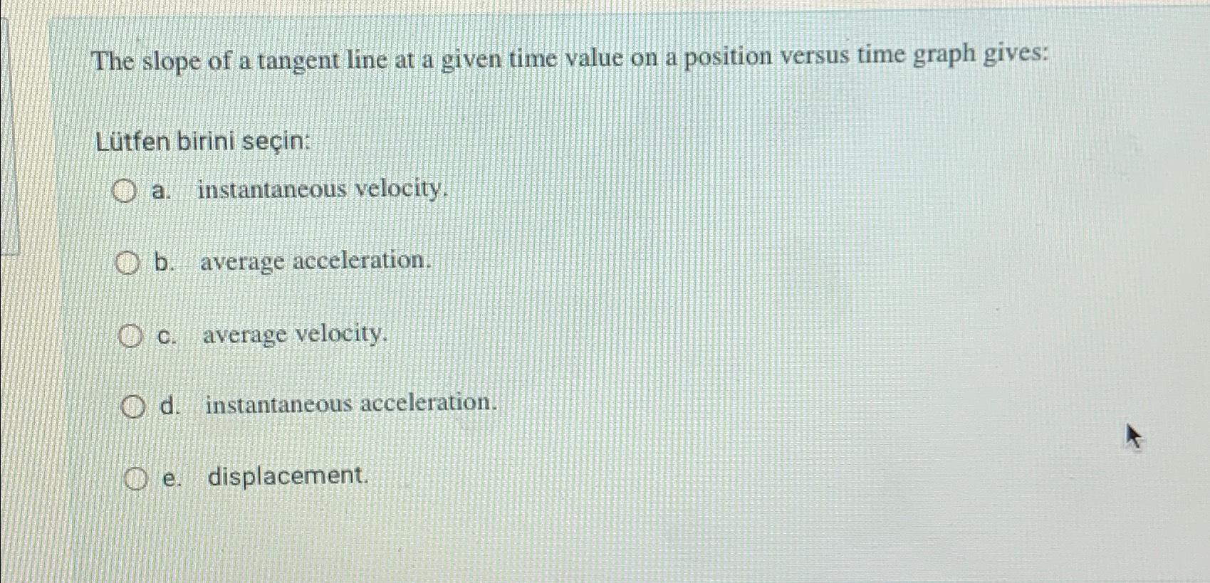Solved The slope of a tangent line at a given time value on | Chegg.com