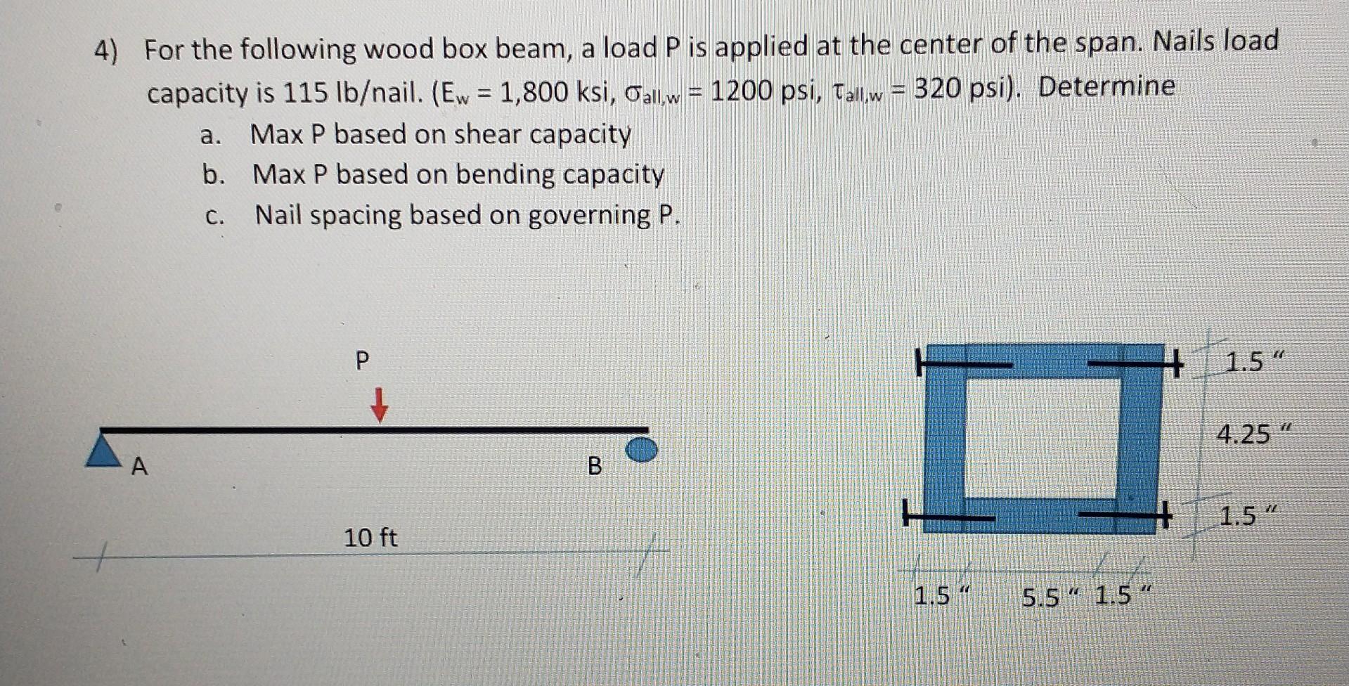 Solved 4) For the following wood box beam, a load P is | Chegg.com