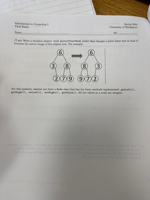 Solved (7 pts) Write a recursive statie void nirrortree | Chegg.com