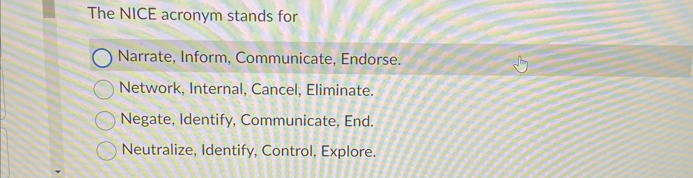 Solved The NICE acronym stands forNarrate, Inform, | Chegg.com
