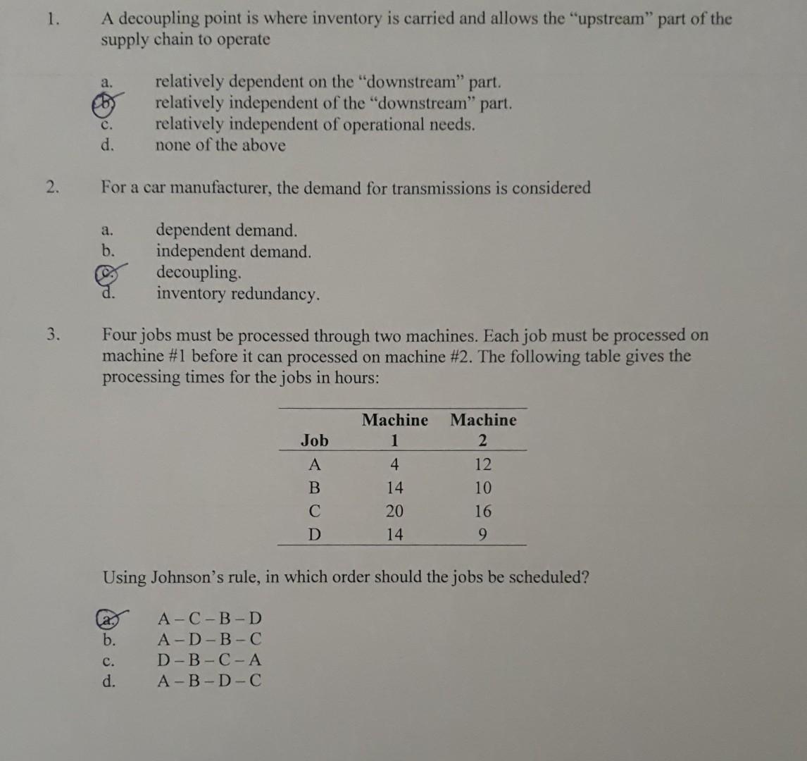 Solved 1. A decoupling point is where inventory is carried | Chegg.com