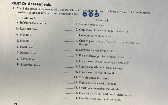 Solved PART D: Assessments 1. Match the bones in column A | Chegg.com