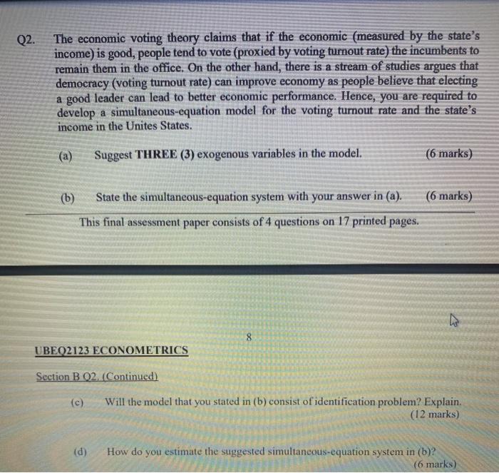 Q2. The economic voting theory claims that if the | Chegg.com