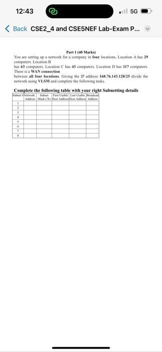 Solved Back CSE2_4 and CSE5NEF Lab-Exam P... Part I (40 | Chegg.com