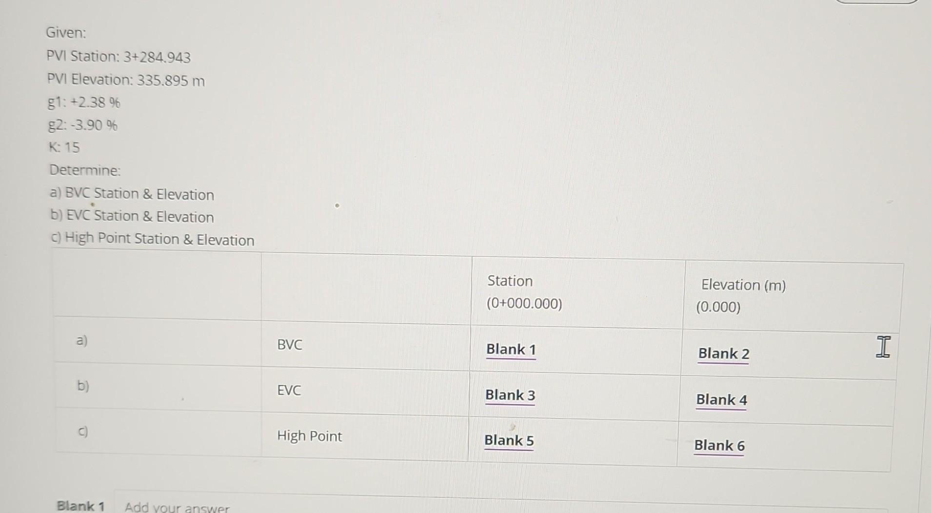 Solved Given: PVI Station: 3+284.943 PVI Elevation: 335.895 | Chegg.com