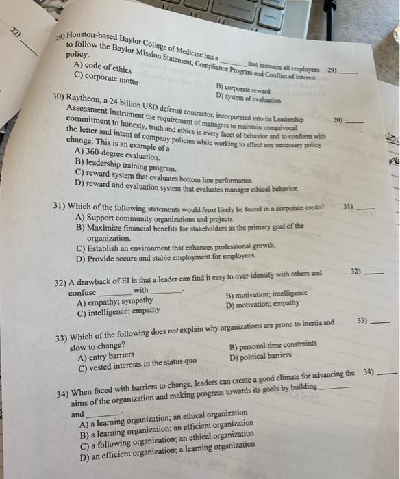 Solved 22) 29) Houston-based Baylor College of Medicine has | Chegg.com