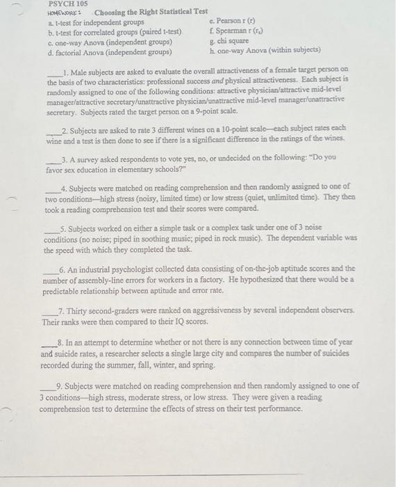 Solved PSYCH 105 Hovewor:: Choosing the Right Statistical | Chegg.com